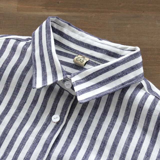 リネン ロング丈シャツブラウス （ストライプ/ネイビー）TP18 | iichi 日々の暮らしを心地よくするハンドメイドやアンティークのマーケットプレイス