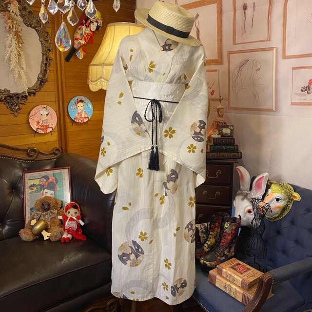 和洋折衷 浴衣 リメイク ワンピース ドレス 帯サッシュベルト レトロ 古着 和 モダン W-315 | iichi 日々の暮らしを心地よくするハンドメイドやアンティークのマーケットプレイス