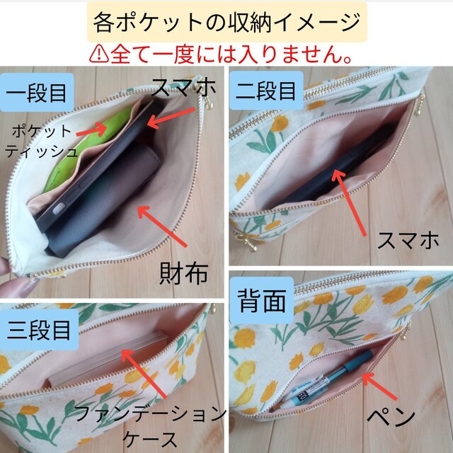 【値下げ】4段ファスナー＋ポケットポーチ 元気な赤の和柄 20cmバッグインバッグ 478 | iichi 日々の暮らしを心地よくするハンドメイドやアンティークのマーケットプレイス