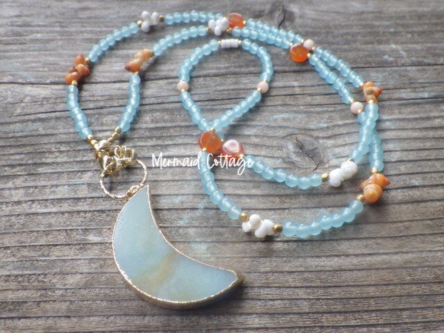 4way! Big Amazonite Moon holder necklace アマゾナイトのお月様 眼鏡・マスクホルダー | iichi 日々の暮らしを心地よくするハンドメイドや ...