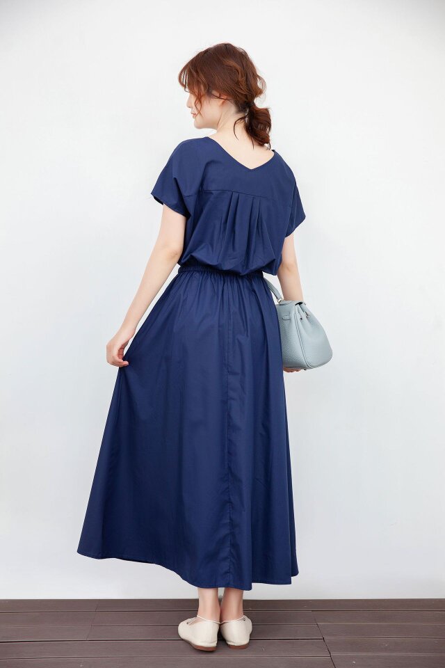 ネイビー 半袖 ワンピース Vネック レディース 夏 ロング丈 ベルト付き 無地 おしゃれ 通勤 ゆったり 上品 お出かけ | iichi 日々の暮らしを心地よくするハンドメイドやアンティーク ...