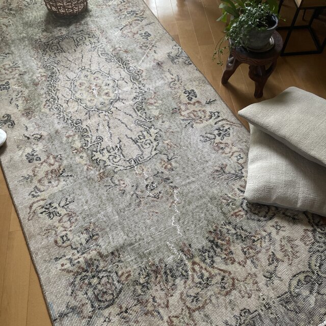 86×207 メダリオン モスグリーン×クリームベージュ トルコヴィンテージラグ | iichi 日々の暮らしを心地よくするハンドメイドやアンティークのマーケットプレイス