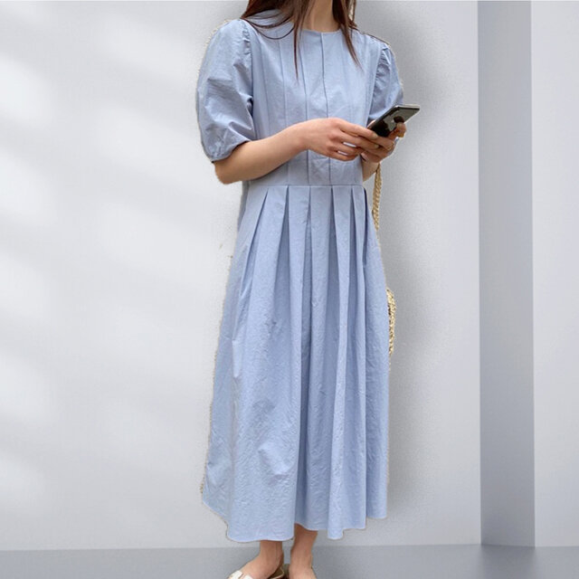 ブルー 半袖 ワンピース レディース 夏 ロング丈 無地 ギャザー パフスリーブ ポケット おしゃれ 大人 体型カバー きれいめ | iichi 日々の暮らしを心地よくするハンドメイドや ...