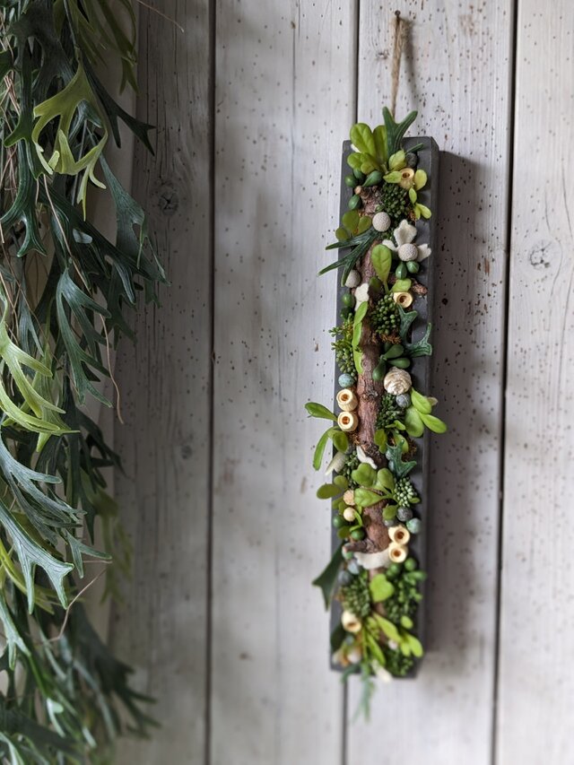 ウォ―ルアート*ウッドボックス(glay/lsize)*フェイクグリーン多肉植物の2way | iichi 日々の暮らしを心地よくするハンドメイドやアンティークのマーケットプレイス