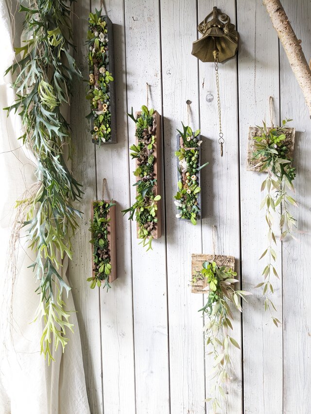 ウォ―ルアート*ウッドボックス(glay/M size)*フェイクグリーン多肉植物の2way | iichi 日々の暮らしを心地よくするハンドメイドやアンティークのマーケットプレイス