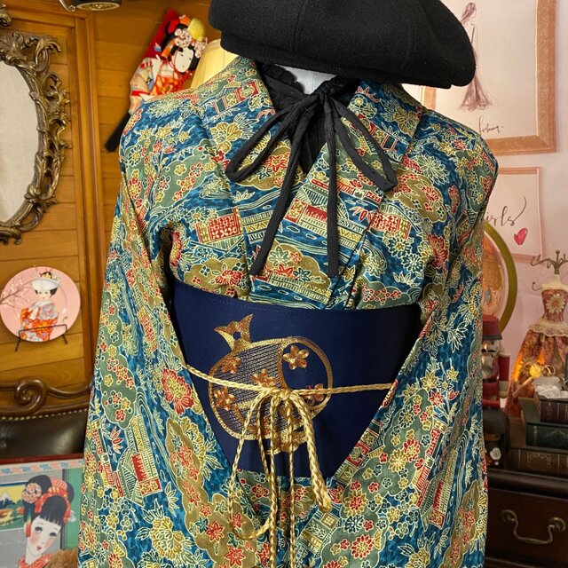 和洋折衷 着物 リメイク ワンピース ドレス 名古屋帯サッシュベルト 洗える 化繊 レトロ 古着 和 モダン KW-395 | iichi 日々の暮らしを心地よくするハンドメイドやアンティーク ...