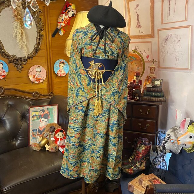 和洋折衷 着物 リメイク ワンピース ドレス 名古屋帯サッシュベルト 洗える 化繊 レトロ 古着 和 モダン KW-395 | iichi 日々の暮らしを心地よくするハンドメイドやアンティーク ...
