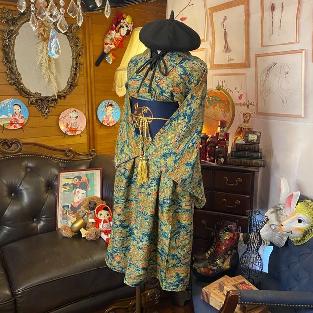 和洋折衷 着物 リメイク ワンピース ドレス 名古屋帯サッシュベルト 洗える 化繊 レトロ 古着 和 モダン KW-395 | iichi 日々の暮らしを心地よくするハンドメイドやアンティーク ...