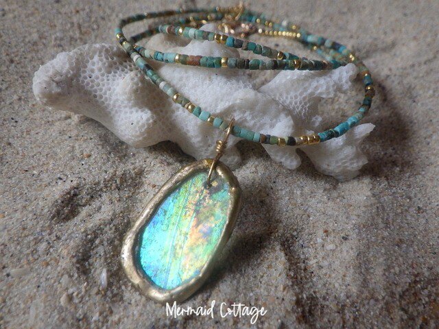 3WAY☆銀化☆金フレームのローマングラス ターコイズネックレス＊Ancient Romanglass Necklace | iichi 日々の暮らしを心地よくするハンドメイドやアンティークの ...