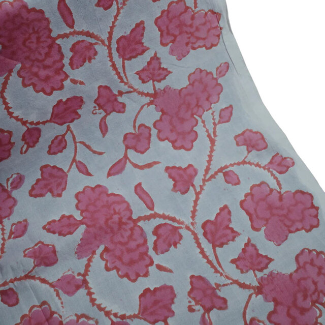 インド ブロックプリント生地 [75cmカット済] フラワー ピンクXグレー地 IF0038 ファブリック 花 | iichi 日々の暮らしを心地よくするハンドメイドやアンティークのマーケットプレイス