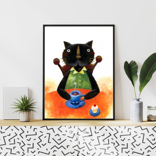 手描き日本水彩画＜お茶する黒猫くん＞A4 アートポスター | iichi 日々の暮らしを心地よくするハンドメイドやアンティークのマーケットプレイス