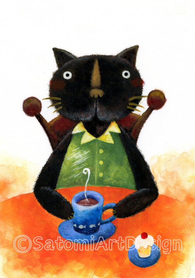 手描き日本水彩画＜お茶する黒猫くん＞A4 アートポスター | iichi 日々の暮らしを心地よくするハンドメイドやアンティークのマーケットプレイス