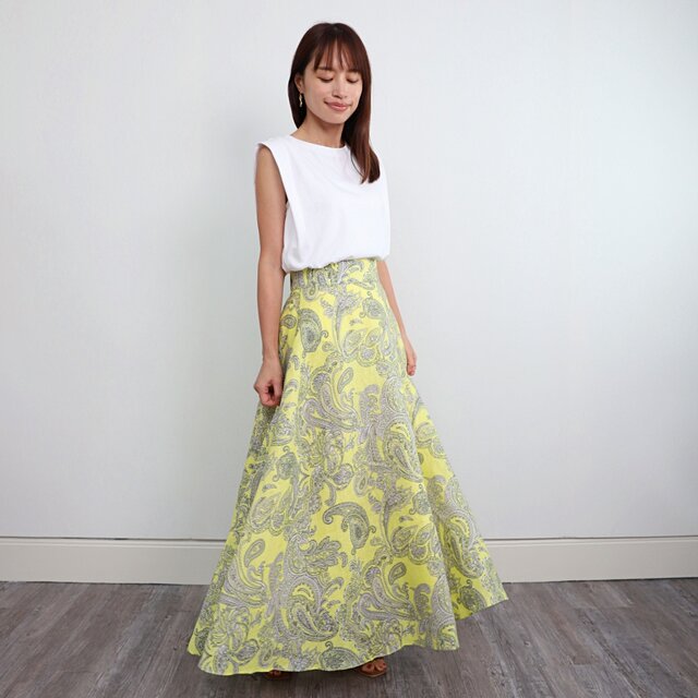 ペイズリー柄リネン フレアマキシスカート イエロー 0560YW | iichi 日々の暮らしを心地よくするハンドメイドやアンティークのマーケットプレイス