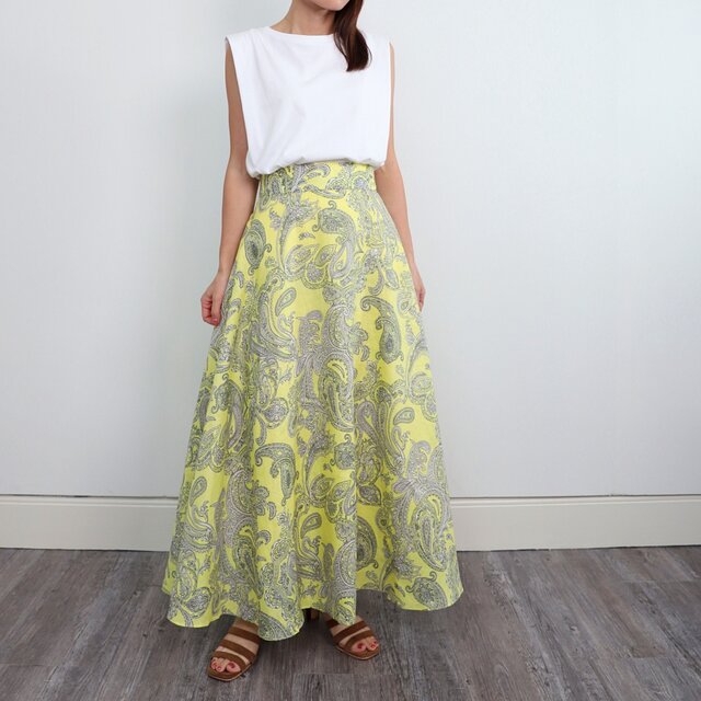ペイズリー柄リネン フレアマキシスカート イエロー 0560YW | iichi 日々の暮らしを心地よくするハンドメイドやアンティークのマーケットプレイス