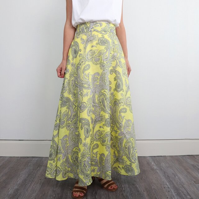 ペイズリー柄リネン フレアマキシスカート イエロー 0560YW | iichi 日々の暮らしを心地よくするハンドメイドやアンティークのマーケットプレイス
