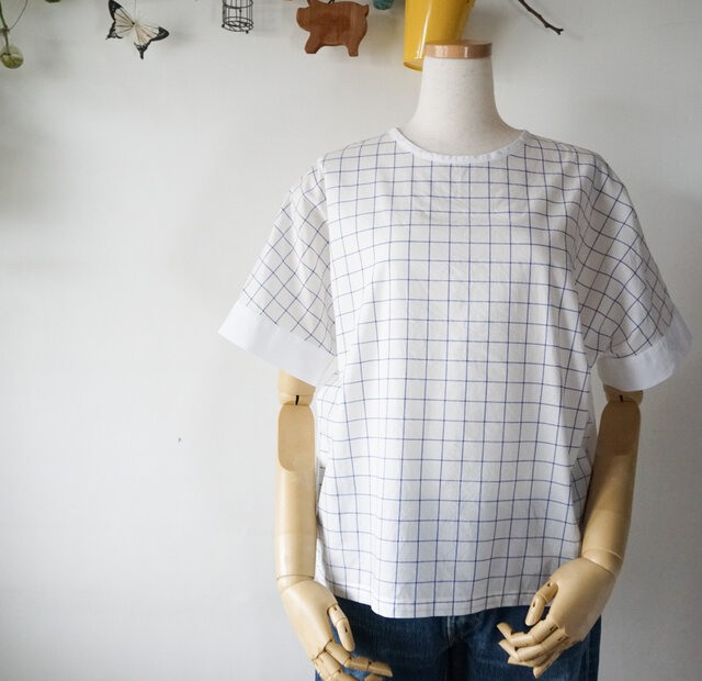 ラインチェック柄ドルマンスリーブTブラウス(オフcol) | iichi 日々の暮らしを心地よくするハンドメイドやアンティークのマーケットプレイス