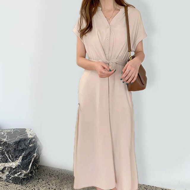 ライトベージュ フレンチスリーブ ワンピース Vネック 蝶結び リボン レディース 夏 ロング丈 無地 おしゃれ 大人 | iichi 日々の ...