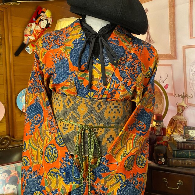 和洋折衷 着物 リメイク ロング 丈 ワンピース ドレス 洗える 化繊 名古屋帯サッシュベルト レトロ 古着 和 KW-425 | iichi 日々の暮らしを心地よくするハンドメイドや ...