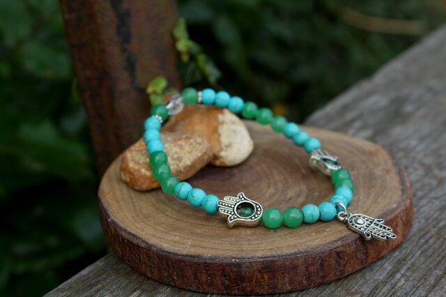 ターコイズ・アベンチュリン6mm ハムサハンド シルバー | iichi 日々の暮らしを心地よくするハンドメイドやアンティークのマーケットプレイス