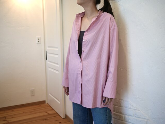 カフスが可愛いビッグシャツ・ピンクストライプ No.321 | iichi 日々の暮らしを心地よくするハンドメイドやアンティークのマーケットプレイス