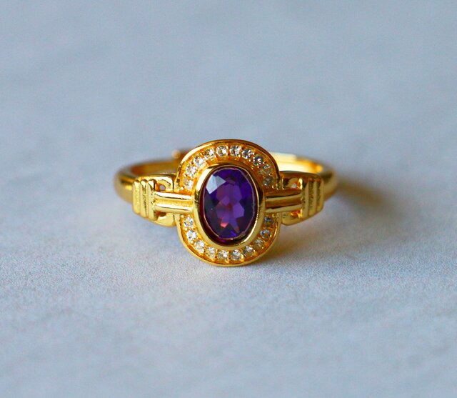 ビンテージスタイル＊天然アメジスト 指輪＊フリーサイズ GP | iichi 日々の暮らしを心地よくするハンドメイドやアンティークのマーケットプレイス