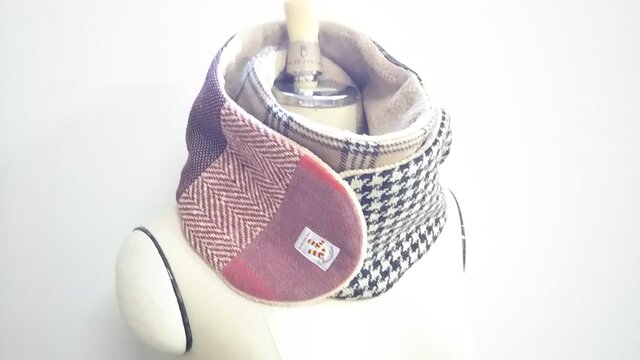 マフラー 尾州ウール×ボア パッチ 暖色系 約140cm | iichi 日々の暮らしを心地よくするハンドメイドやアンティークのマーケットプレイス