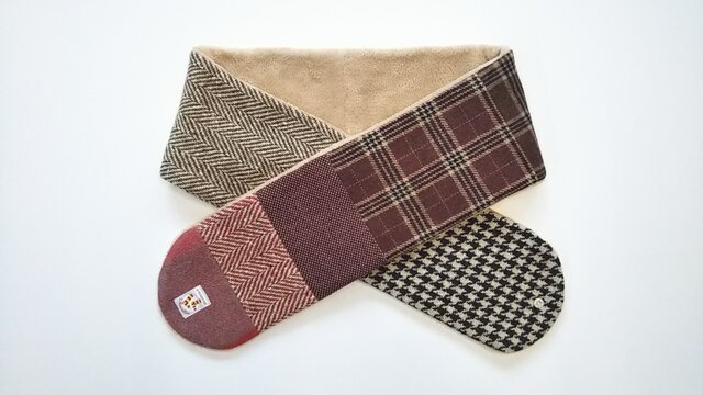 マフラー 尾州ウール×ボア パッチ 暖色系 約140cm | iichi 日々の暮らしを心地よくするハンドメイドやアンティークのマーケットプレイス