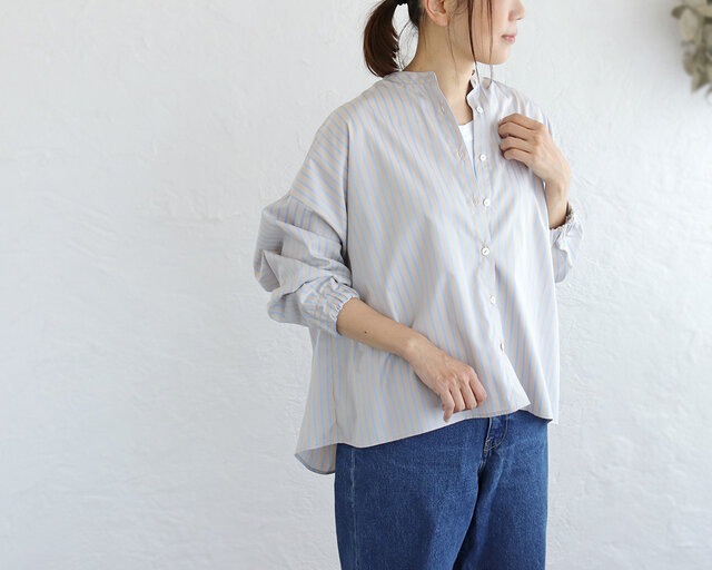 さらりと纏う ギザコットン バンドカラーブラウス （ストライプ/ベージュ）TP11 | iichi 日々の暮らしを心地よくするハンドメイドやアンティークのマーケットプレイス