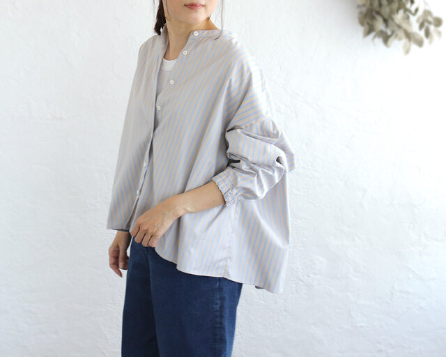 さらりと纏う ギザコットン バンドカラーブラウス （ストライプ/ベージュ）TP11 | iichi 日々の暮らしを心地よくするハンドメイドやアンティークのマーケットプレイス