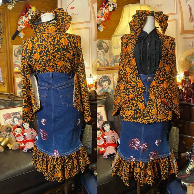 着物 デニム リメイク セットアップ ツーピース 2部式 コラージュ パッチワーク 刺繍 レトロ 古着 和洋折衷 DS-6 | iichi 日々の暮らしを心地よくするハンドメイドやアンティーク ...