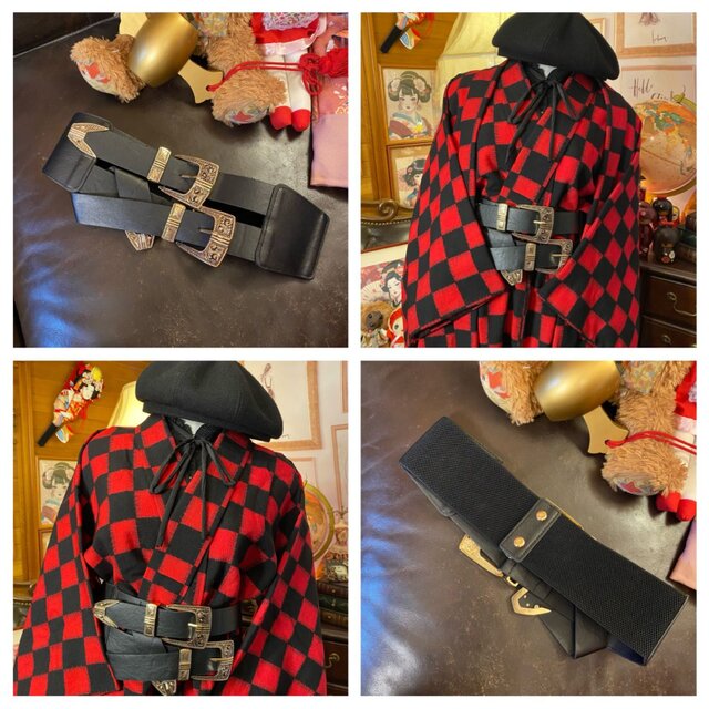 着物ワンピース リメイク アンサンブル ダブルバックルゴムベルト 和洋折衷 かっこいい赤と黒の市松模様 aKW-72 | iichi 日々の暮らしを心地よくするハンドメイドやアンティークの ...