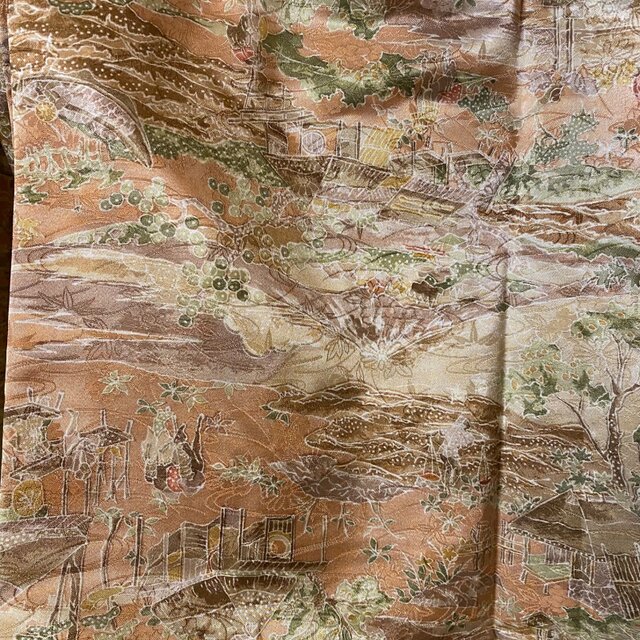 和ロリ 着物 浴衣 ミニ丈 ワンピース ドレス 名古屋帯サッシュベルト リメイク 優雅なベージュに古典的な風景 MKW-24 | iichi 日々の暮らしを心地よくするハンドメイドや ...