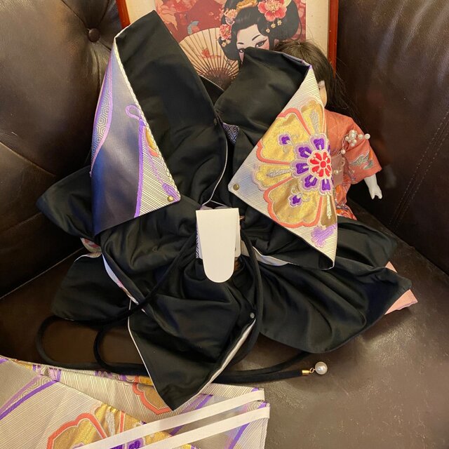 和洋折衷 2部式作り帯 袋帯リメイク｜シルバーとネイビーはモダンで洗練された印象を与え紫や金 2B-22 | iichi 日々の暮らしを心地よくするハンドメイドやアンティークのマーケットプレイス