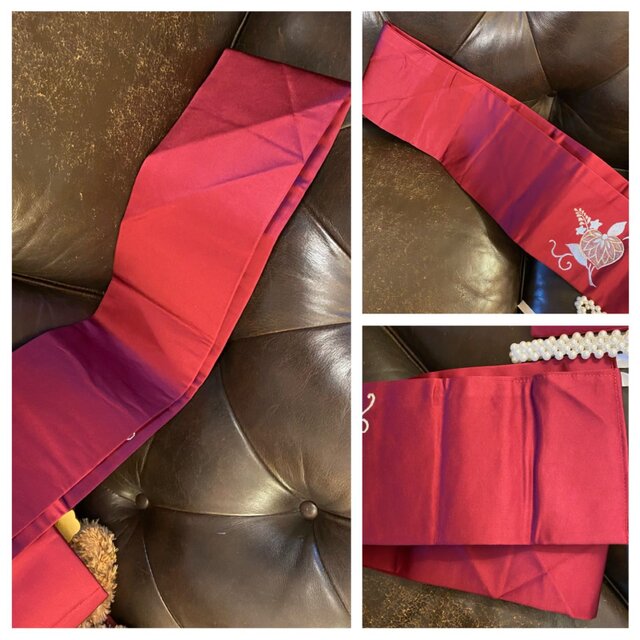 和洋折衷 2部式作り帯 お太鼓 名古屋帯 リメイク 深みのあるレッドの地色に、華やかなゴールドとシルバーの刺繍 2B-27 | iichi 日々の暮らしを心地よくするハンドメイドやアンティーク ...