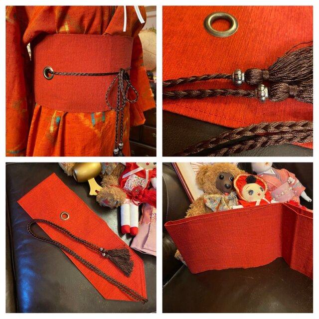 リメイク着物ワンピース セミロング アンサンブル 帯 和洋折衷 鮮やかな朱色の地に浮かび上がる幾何学的な絣柄 aKW-77 | iichi 日々の暮らしを心地よくするハンドメイドやアンティーク ...