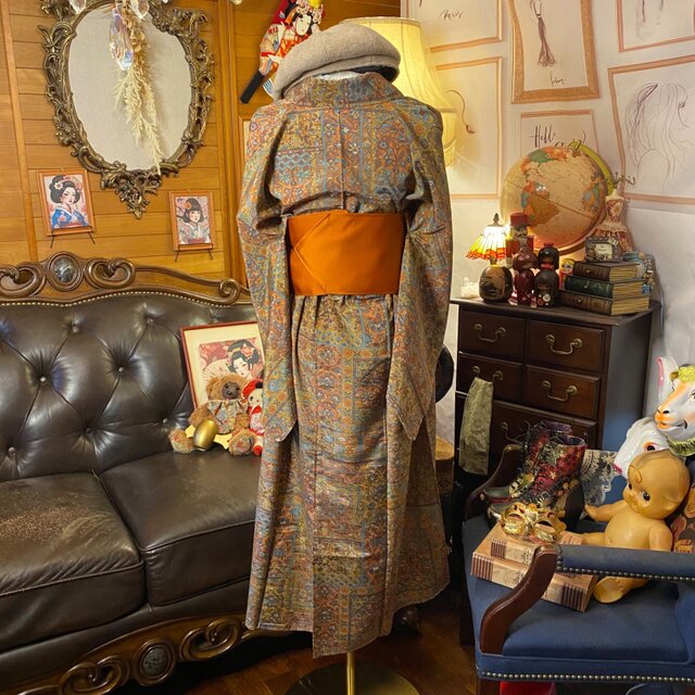 着物 リメイク ワンピース ドレス 洗える 化繊 帯サッシュベルト 和洋折衷 まるでアンティークの絵画のよう KW-675 | iichi 日々の暮らしを心地よくするハンドメイドやアンティーク ...