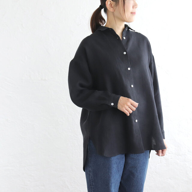 柔らかな リネン シャツブラウス （ネイビーブラック）TP18 | iichi 日々の暮らしを心地よくするハンドメイドやアンティークのマーケットプレイス