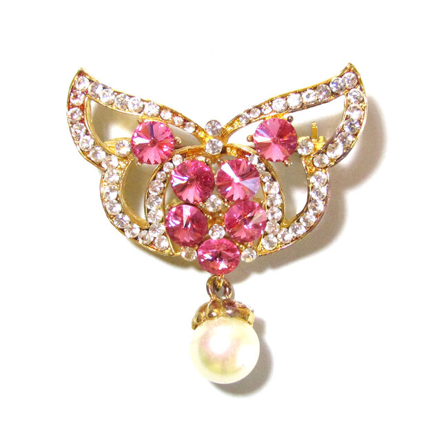 70s Vintage Pink Rhinestone Drop Pearl Butterfly Design Brooch | iichi 日々の暮らしを心地よくするハンドメイドや ...