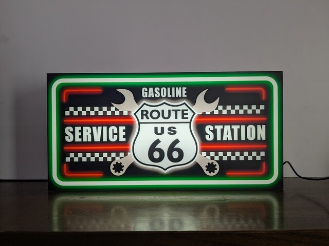 【Lサイズ】ルート66 ガソリン 自動車 カーショップ ガレージ 店舗 自宅 照明 看板 雑貨 ライトBOX | iichi 日々の暮らしを心地よくするハンドメイドやアンティークのマーケットプレイス