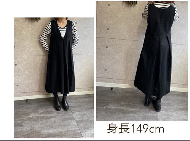 【SM・ML】ブラックデニム新登場後ろ姿が可愛いバックボタン ジャンパースカート | iichi 日々の暮らしを心地よくするハンドメイドやアンティークのマーケットプレイス