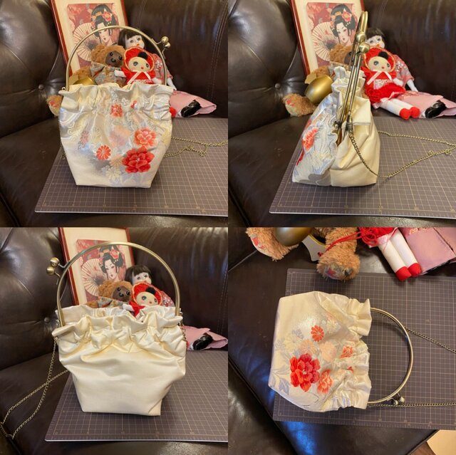 和洋折衷 名古屋帯リメイク ハンドバッグ ショルダーチェーン付き ガマ口タイプ 帯サッシュベルト セット あ-59 | iichi 日々の暮らしを心地よくするハンドメイドやアンティークの ...