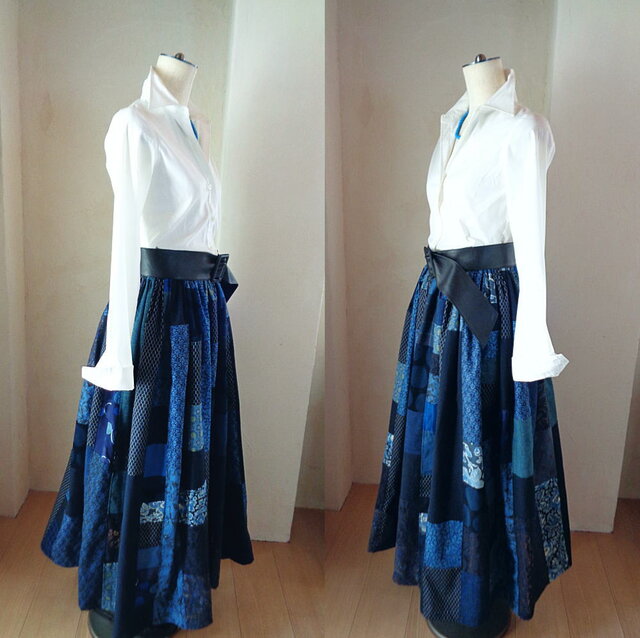 絵画なパッチワーク♥凛とした大人の♥マキシ丈ギャザースカート ネイビーブルー | iichi 日々の暮らしを心地よくするハンドメイドやアンティークのマーケットプレイス