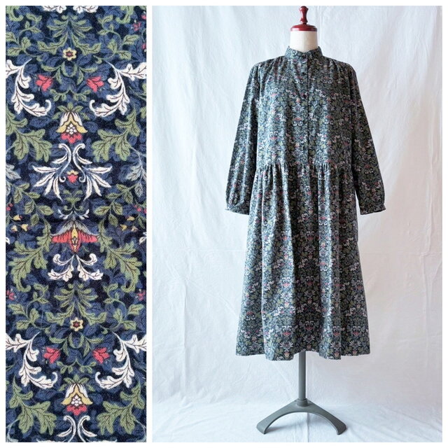 【ちいさいさん】レディのためのチェリーワンピース（長袖）：105cm丈（ウインターダマスク：ネイビー） | iichi 日々の暮らしを心地よくするハンドメイドやアンティークのマーケットプレイス