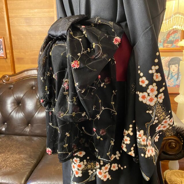 付け下げ着物 ロング ワンピース ドレス リメイク 重ね衿襟 帯サッシュベルト 帯バッスル 和洋折衷 洗える 化繊 KWS-18 | iichi 日々の暮らしを心地よくするハンドメイドや ...