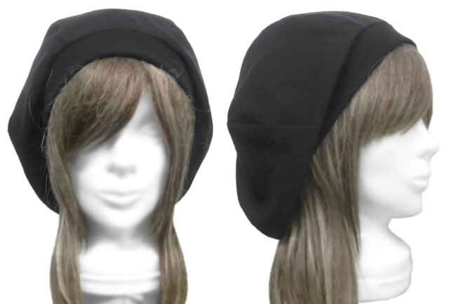 ゆったりルーズ・リブ付ベレー帽 鹿の子織ストレッチコットンニット／ブラック 小顔効果・オールシーズン着用 | iichi 日々の暮らしを心地よくするハンドメイドやアンティークのマーケットプレイス