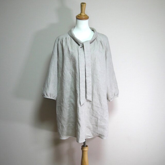 カラーリネン ボウタイチュニックワンピ 七分袖 生成り M・L・LL | iichi 日々の暮らしを心地よくするハンドメイドやアンティークのマーケットプレイス