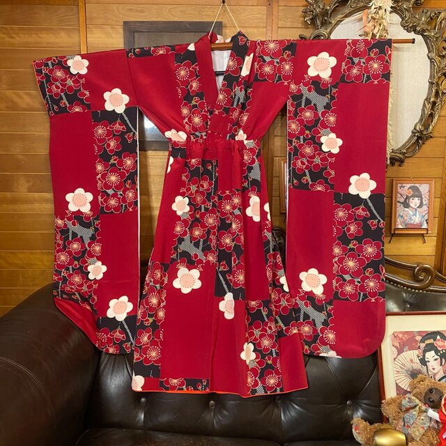 振袖 洗える 化繊 着物 袴 リメイク セミロング ワンピース ドレス 帯サッシュベルト 和洋折衷 レトロ 古着 KWH-21 | iichi 日々の暮らしを心地よくするハンドメイドや ...