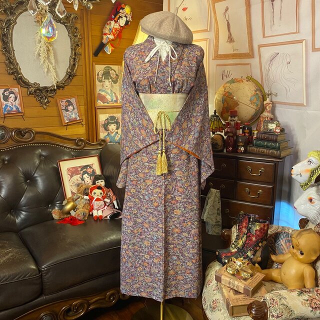 着物 リメイク ロング ワンピース ドレス 洗える 化繊 名古屋帯ベルト 和洋折衷 レトロ 古着 ハンドメイド KW-896 | iichi 日々の暮らしを心地よくするハンドメイドや ...
