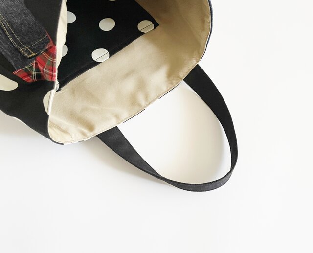 デニムパッチワークバッグ 赤ドット タータンチェック モノトーン A4 | iichi 日々の暮らしを心地よくするハンドメイドやアンティークのマーケットプレイス