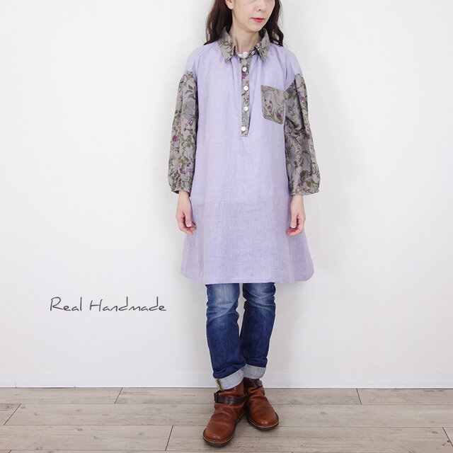ワッシャーラベンダーリネンと草原フラワードロップチュニック | iichi 日々の暮らしを心地よくするハンドメイドやアンティークのマーケットプレイス